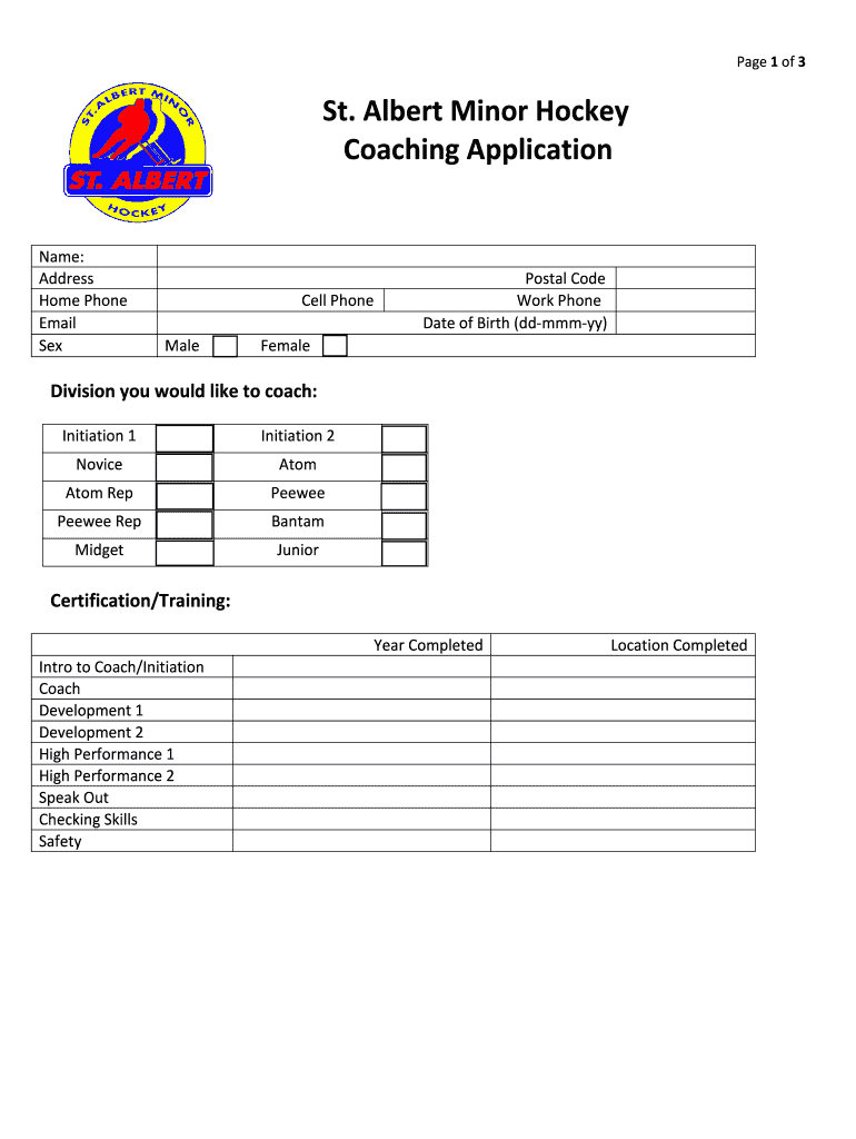 Fillable Online St. Albert Minor Hockey Coaching Application - RAMP ...
