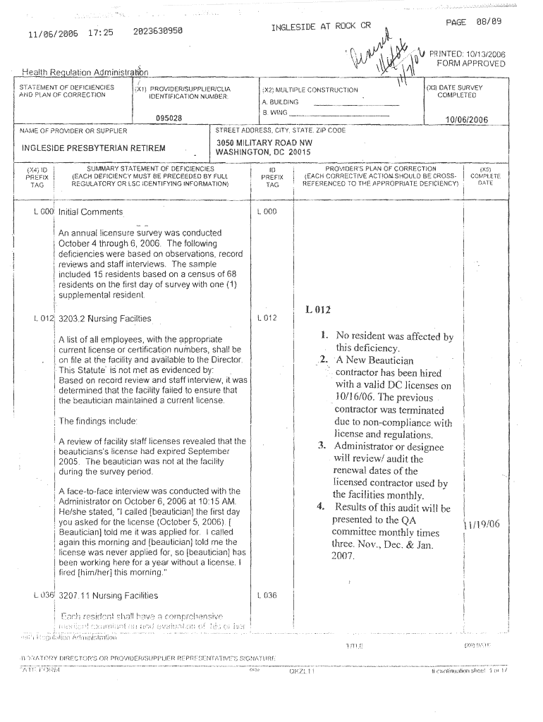 Fillable Online doh dc Licensure Inspection Ingleside 06 - Department ...