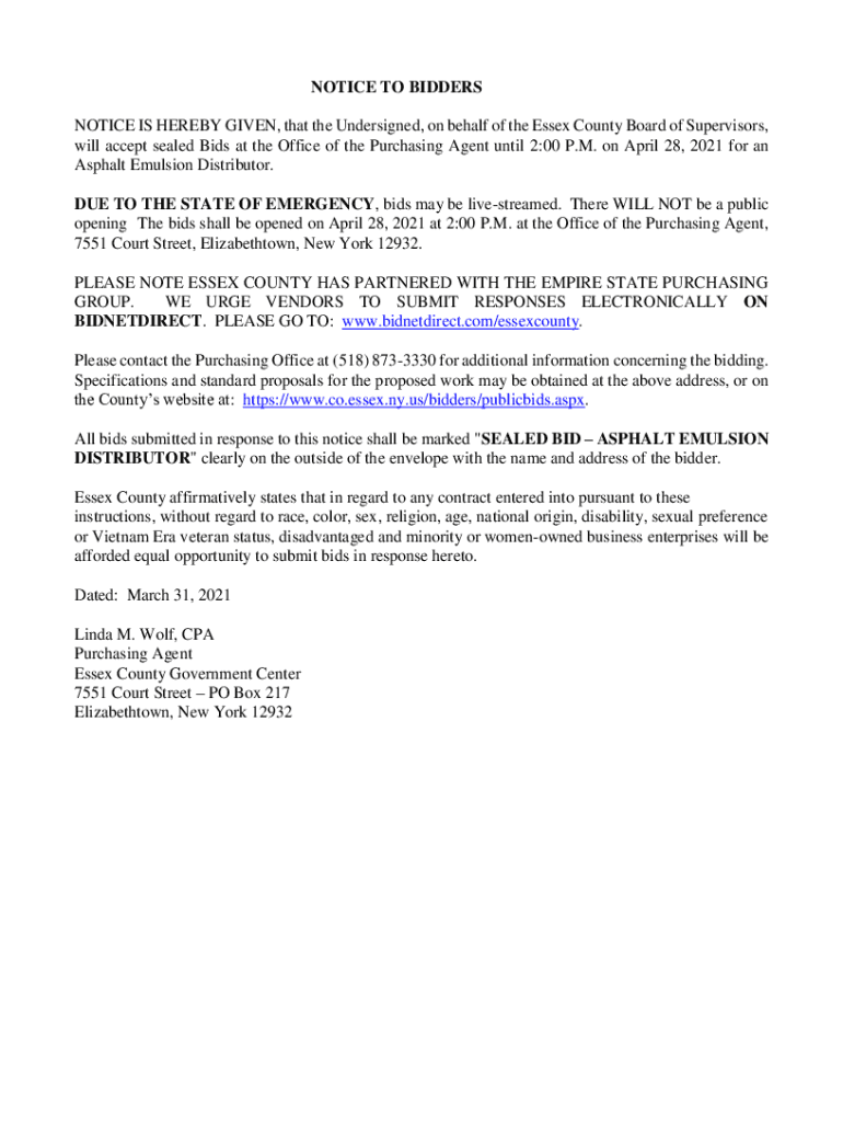 Fillable Online NOTICE TO BIDDERS - bidnet.com Fax Email Print - pdfFiller