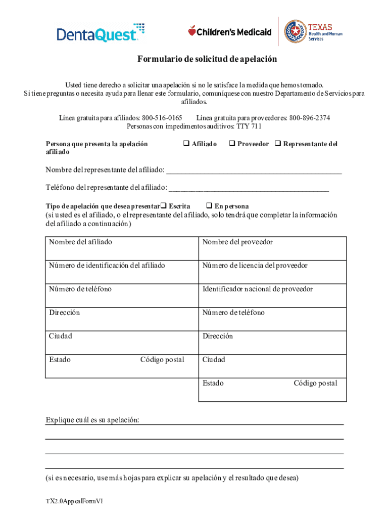 Fillable Online TX Medicaid Appeal Form - Spanish - DentaQuest Fax ...