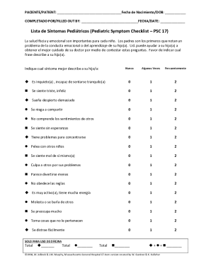 Fillable Online Lista de Sntomas Peditricos (Pediatric Symptom Checklist PSC 17) Fax Email Print ...