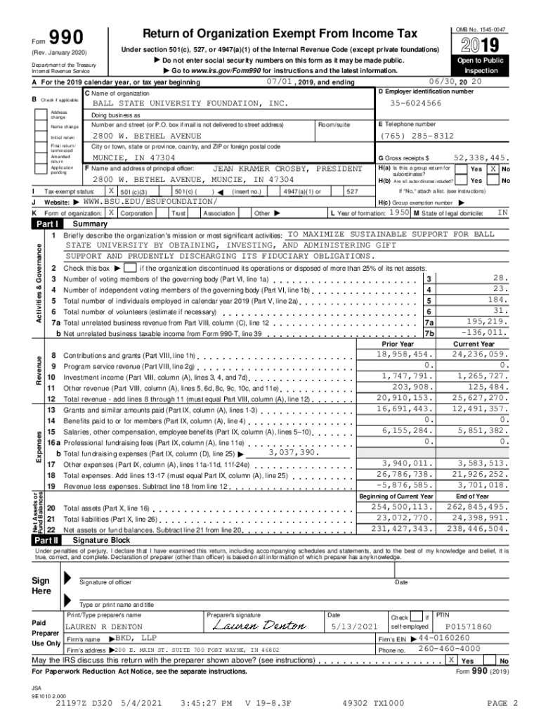 Fillable Online - 2019 Form 990. (Ball State University Foundation 2019 ...