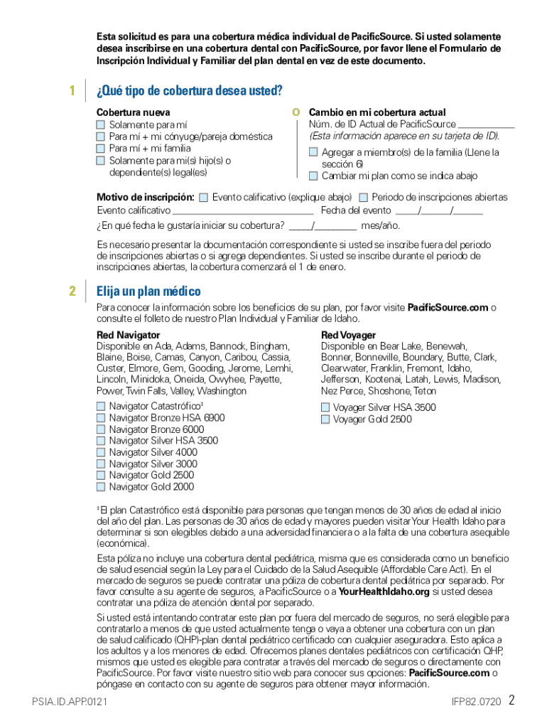 Fillable Online PacificSource Health Plans Formulario de Inscripcin ...