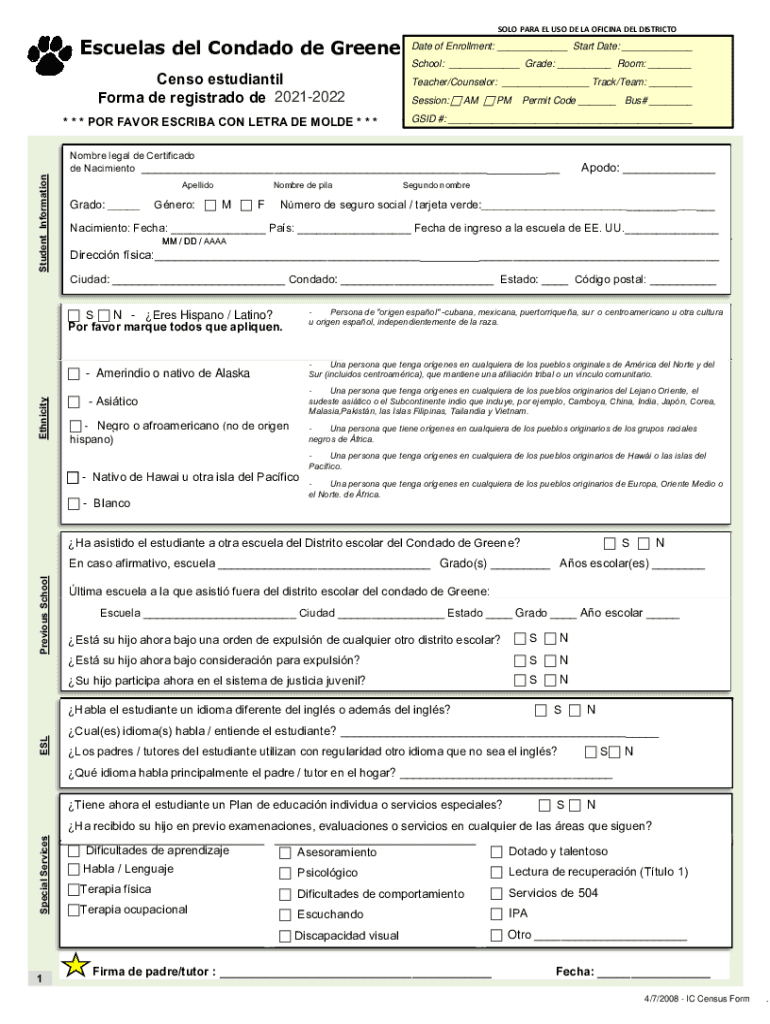 Fillable Online GCSS Student Registration Form - Spanish (Contact us at ...