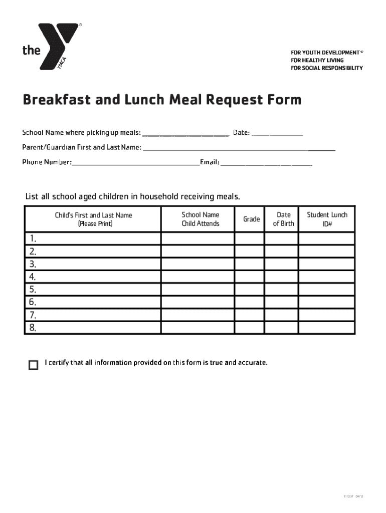 Fillable Online Breakfast and Lunch Meal Request Form Fax Email Print ...