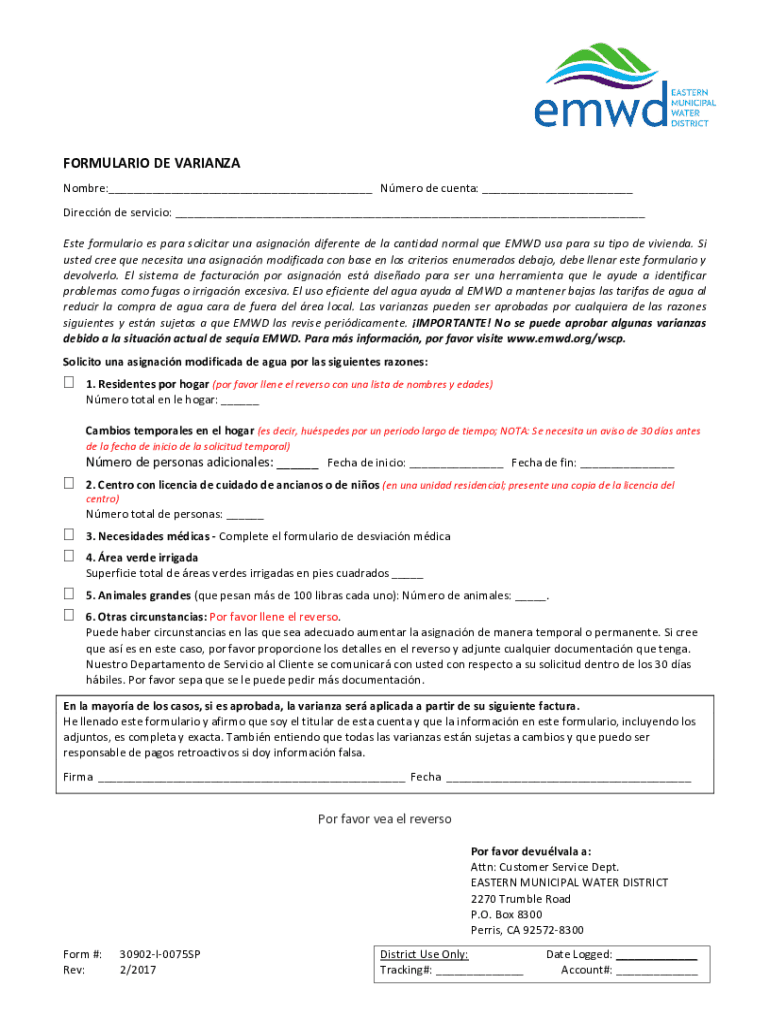Fillable Online FORMULARIO DE VARIANZA - Eastern Municipal Water ...
