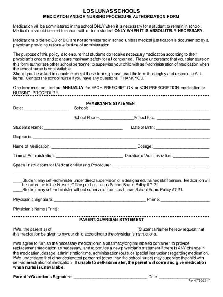 Fillable Online Los Lunas Schools Medication Authorization Form Fax ...
