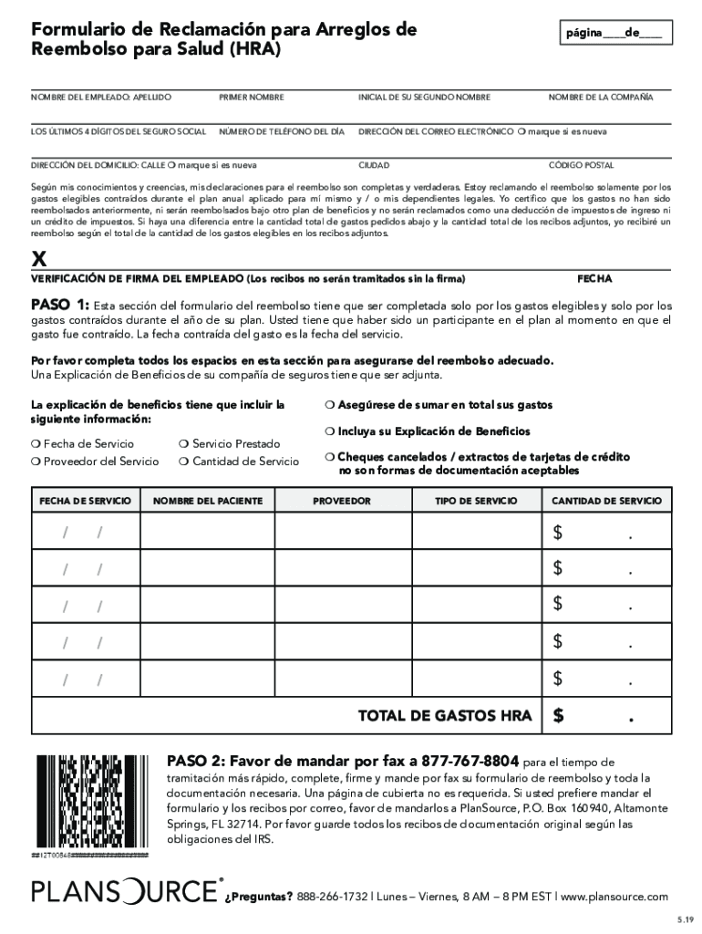 Fillable Online PlanSource-Health-Reimb-Arr-Claim-Form-Spanish Fax ...