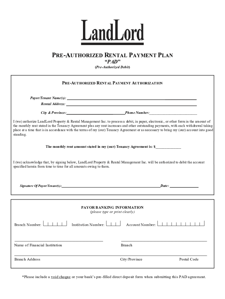 Fillable Online PRE-AUTHORIZED RENTAL DEBIT PAYMENT Sample ClausesLaw ...