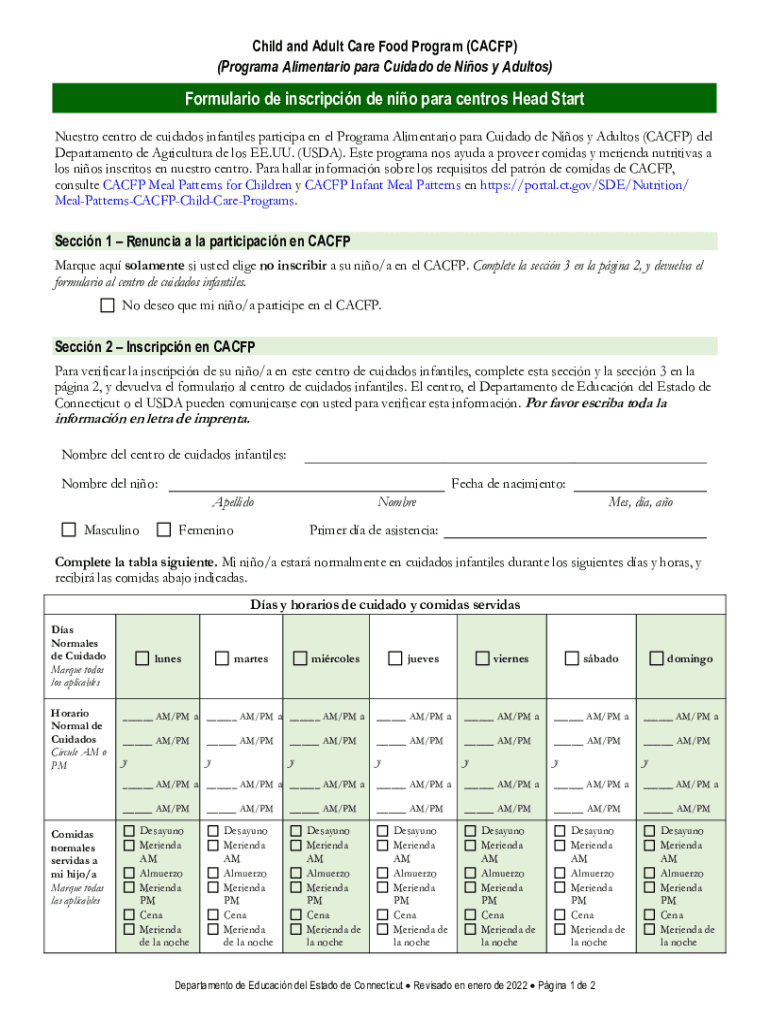 Fillable Online CACFP Child Enrollment Form for Child Care Centers ...