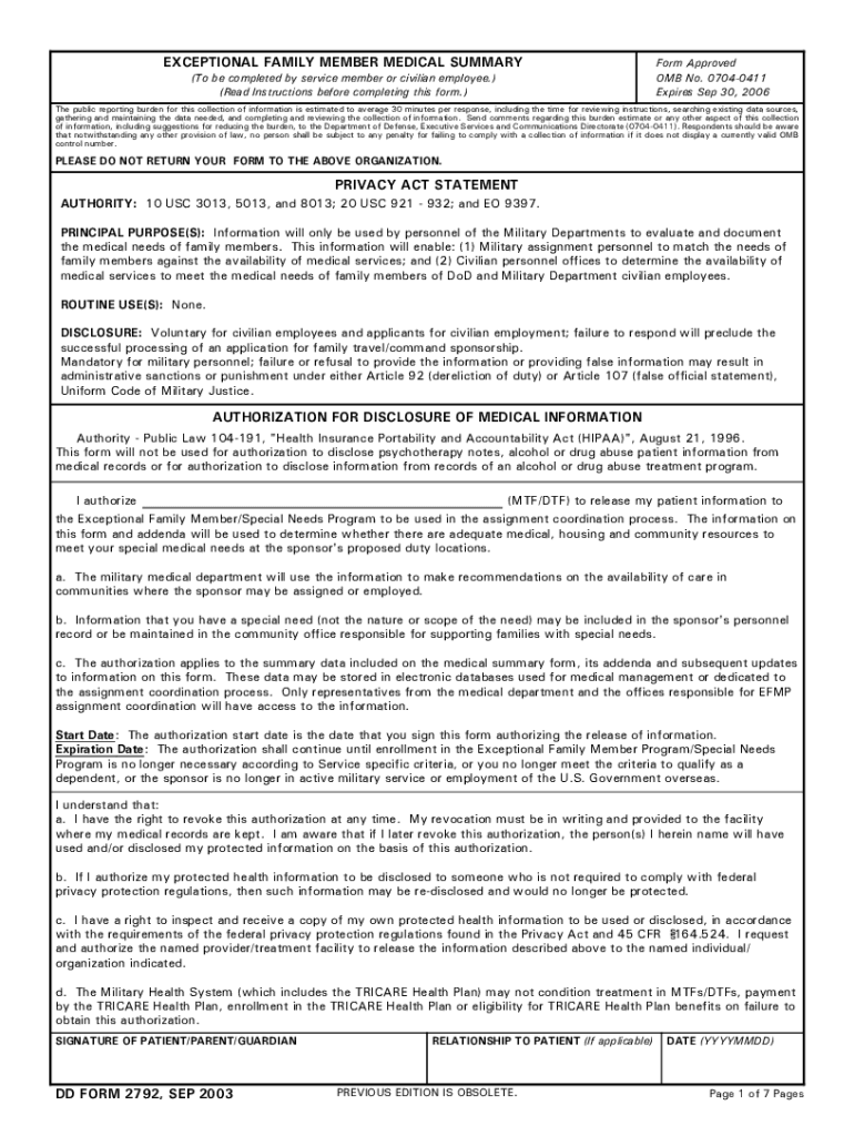 Fillable Online INSTRUCTIONS FOR COMPLETING DD FORM 2792, EXCEPTIONAL ...