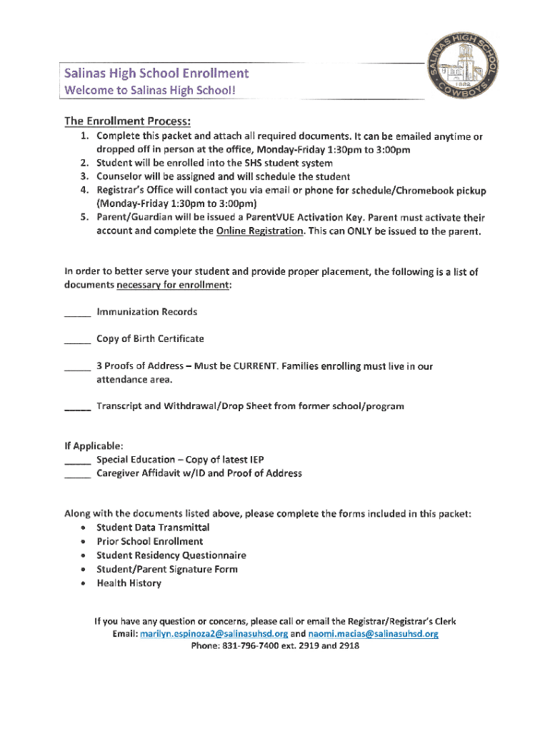Fillable Online Salinas High School Enrollment Welcome to Salinas High ... Fax Email Print ...