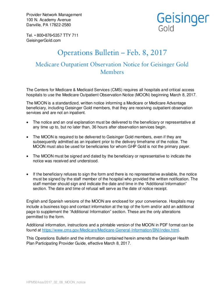 Fillable Online Medicare Outpatient Observation Notice for Geisinger ...