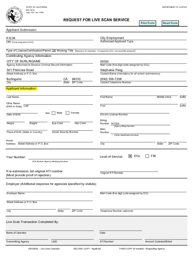 Fillable Online BCII 8016, Request for Live Scan Service - California ...