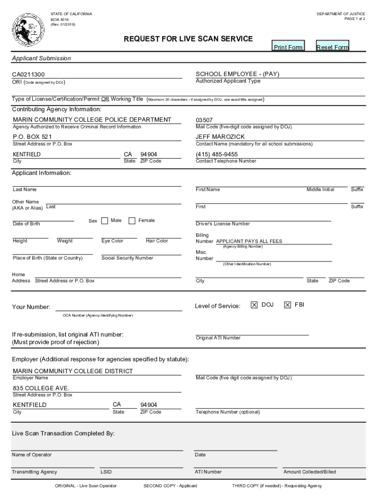 Fillable Online hr.marin.edusiteshrBCIA 8016, Request for Live Scan ...