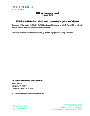 Fillable Online ASIC Form 484 Cancellation of on-market buy-back of ...