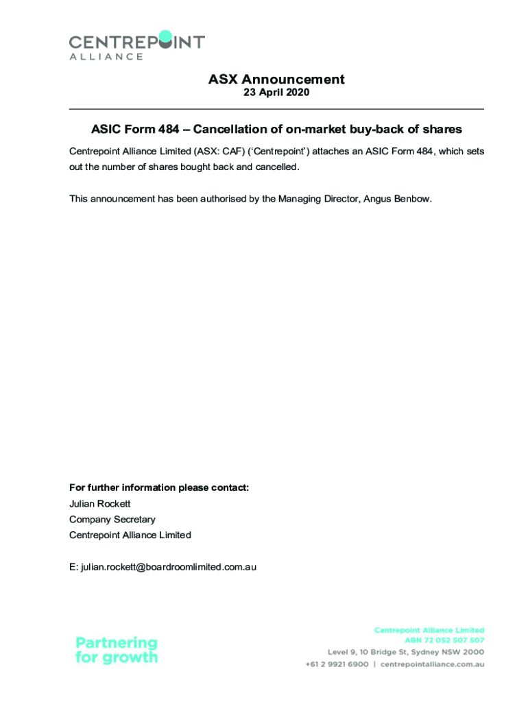 Fillable Online ASIC Form 484 Cancellation of on-market buy-back of ...