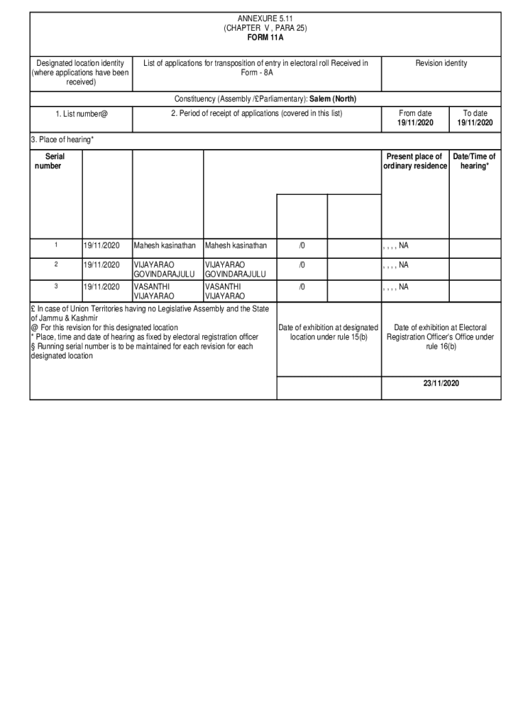 Fillable Online (CHAPTER V , PARA 25) FORM 11A Designated location ...