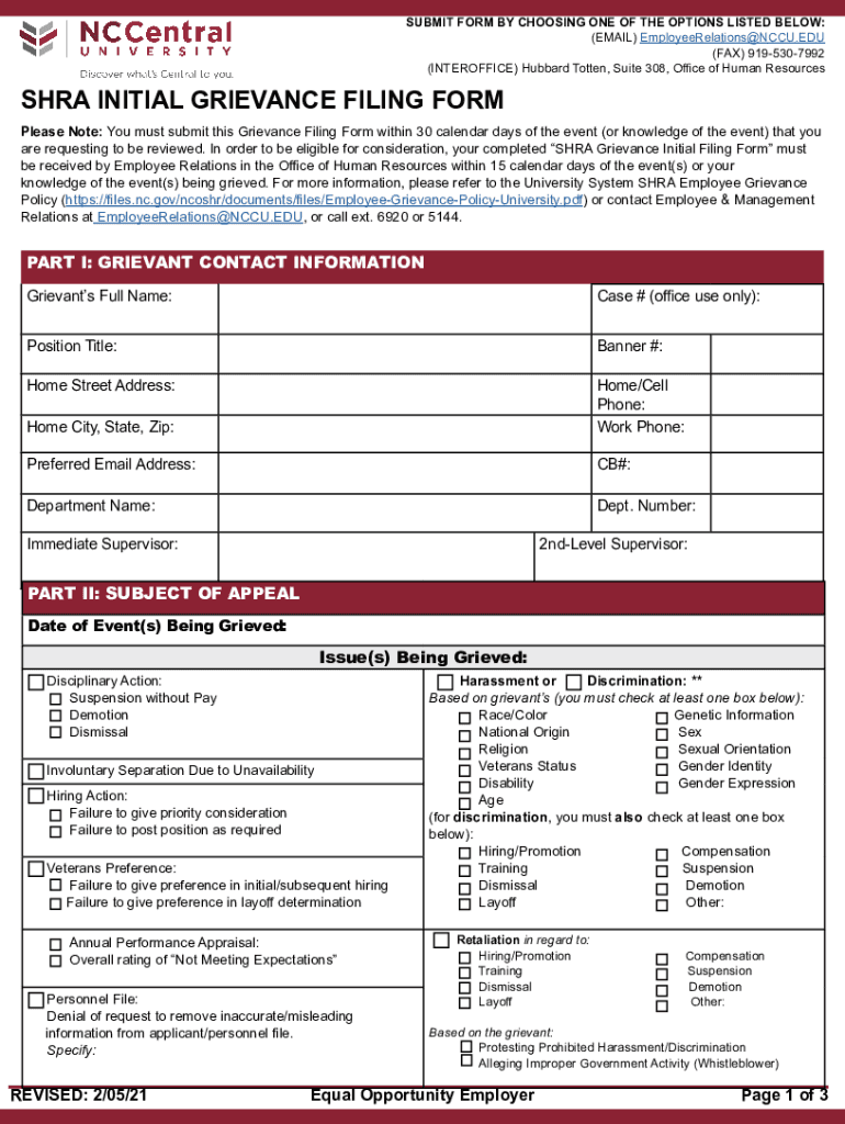 Fillable Online SHRA Initial Grievance Filing Form Fax Email Print ...