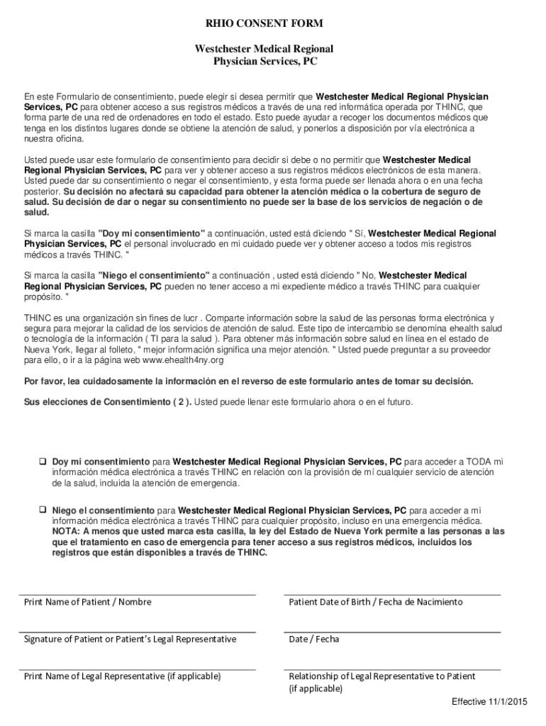 Fillable Online RHIO CONSENT FORM Westchester Medical Regional ...