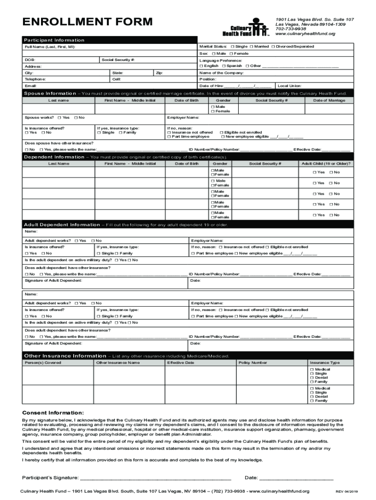 Fillable Online ENROLLMENT FORM 1901 Las Vegas Blvd. So. Suite 107 Las ... Fax Email Print ...