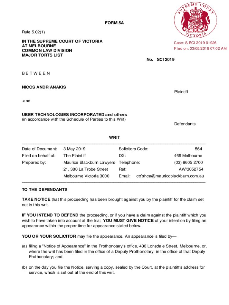 Fillable Online FORM 5A IN THE SUPREME COURT OF VICTORIA AT MELBOURNE ...
