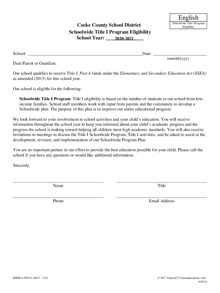 Fillable Online Schoolwide Title I Program Eligibility School Year: Fax Email Print - pdfFiller