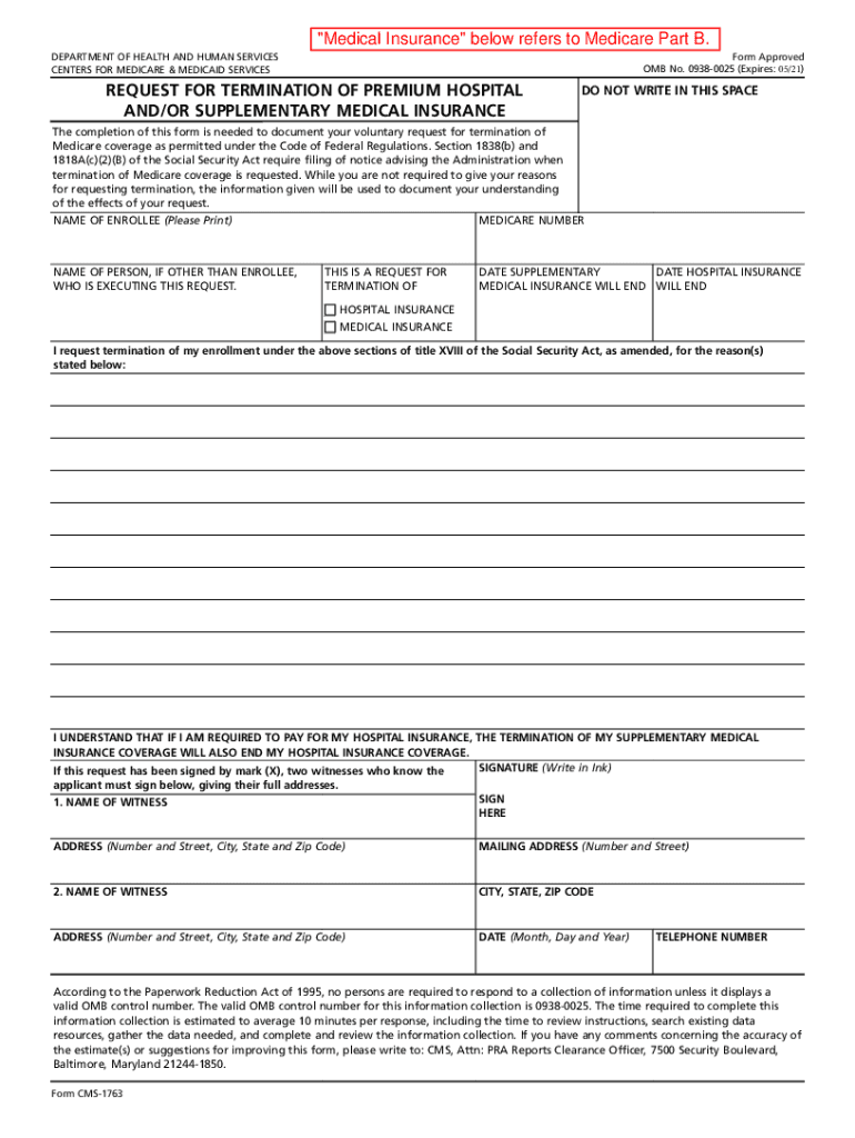 Fillable Online CMS 1763 Request for Termination of premium Hospital ...