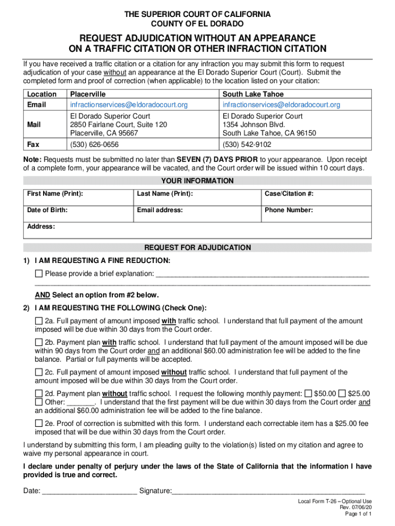 Fillable Online REQUEST ADJUDICATION WITHOUT AN APPEARANCE ON A TRAFFIC ...