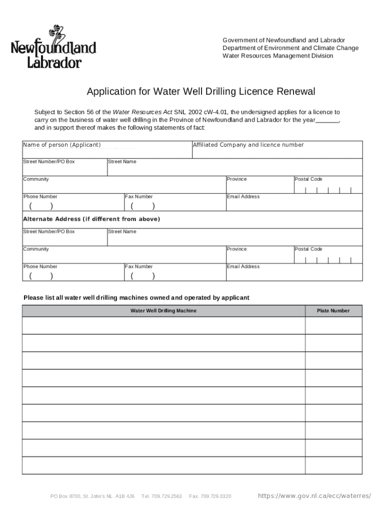 Application for Water Well Drilling Licence - gov.nl.ca Doc Template ...