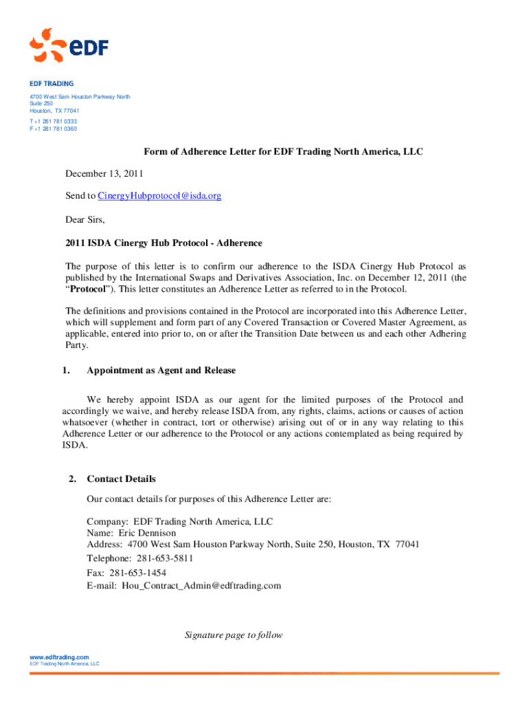 Fillable Online Form of Adherence Letter for EDF Trading North America ...