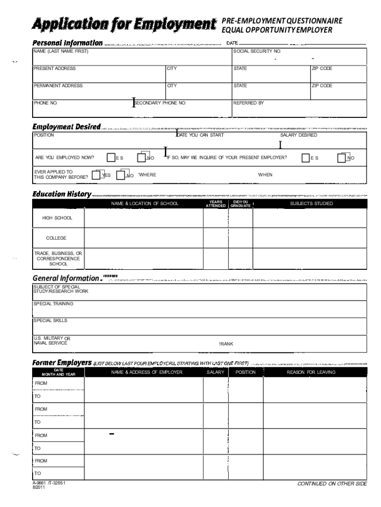Fillable Online Fillable Online ApPLICATION FOR EMPLOYMENT PERSONAL ...