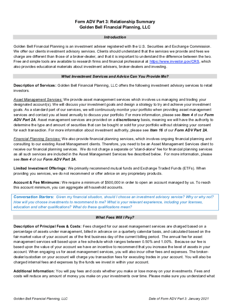 Fillable Online Form ADV Part 3 -- Golden Bell Financial Planning, LLC ...