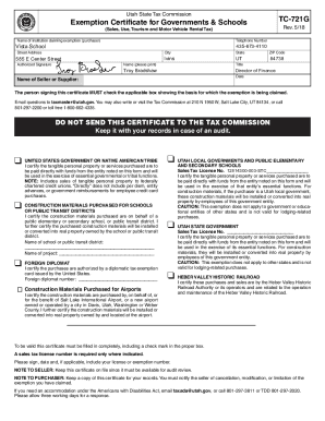Fillable Online TC-721G, Utah Sales Tax Exemption Certificate ...