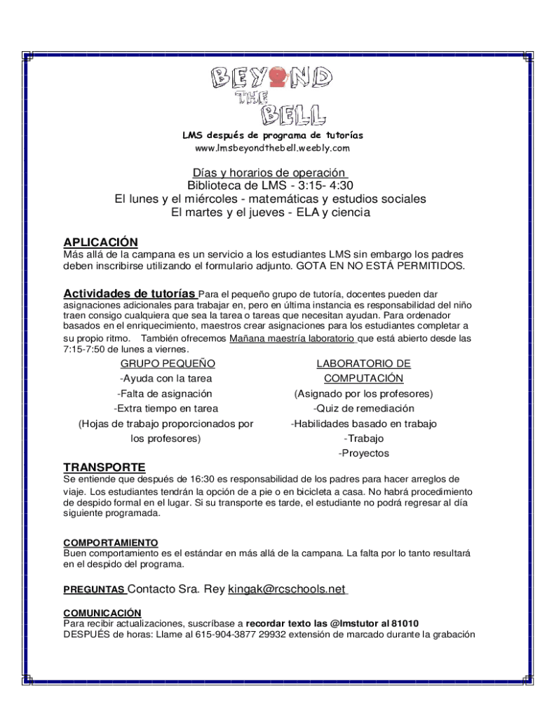 Fillable Online Espanol Beyond the Bell Registration Form Fax Email ...