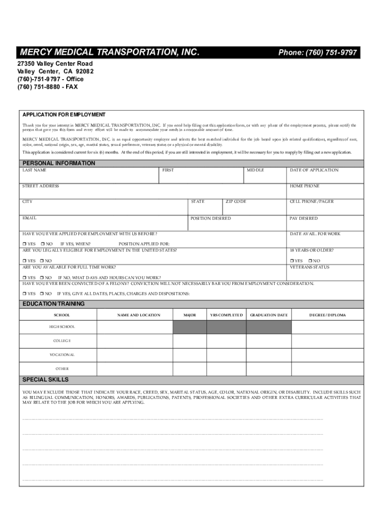 Fillable Online Mercy Medical TransportationNorth San Diego County's ...