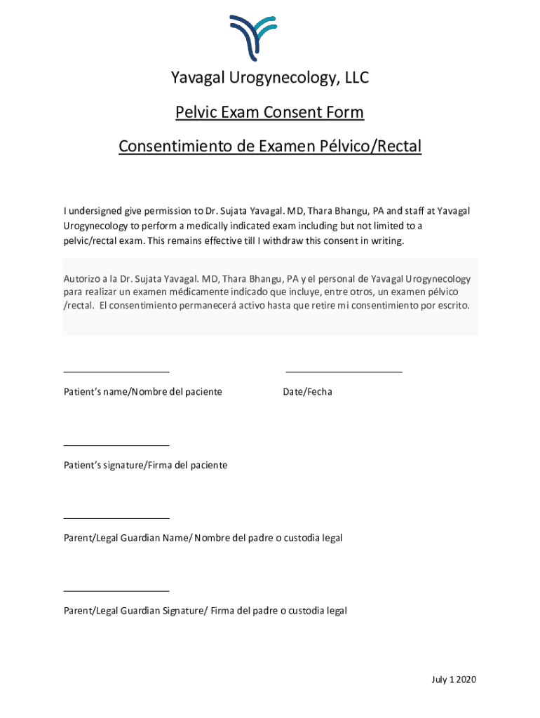 Fillable Online Yavagal Urogynecology, LLC Pelvic Exam Consent Form ...