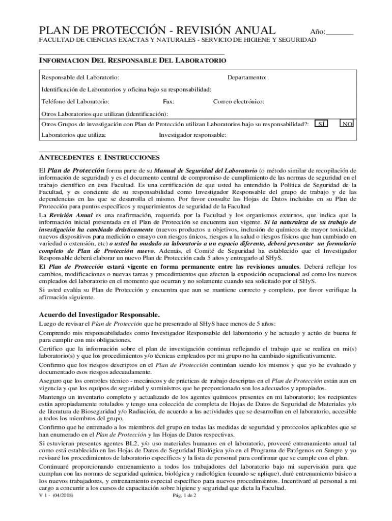 Fillable Online PLAN DE PROTECCIN - REVISIN ANUAL - fcen.uba.ar Fax ...