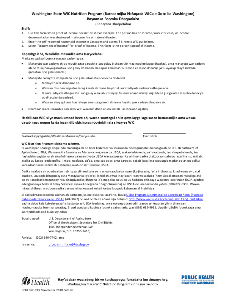 Fillable Online WIC Cascades Statement of Income Form - Somali. Form ...