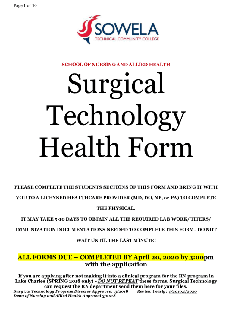 Fillable Online Surgical Technology Health Form - SOWELA Fax Email ...