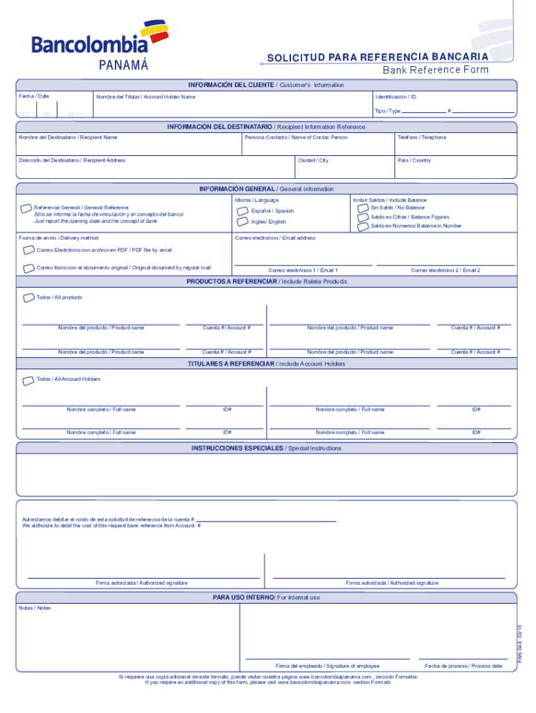 Fillable Online SOLICITUD PARA REFERENCIA BANCARIA Bank Reference Form ...