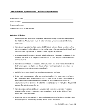 Fillable Online ABRI Volunteer Agreement and Confidentiality Statement ...