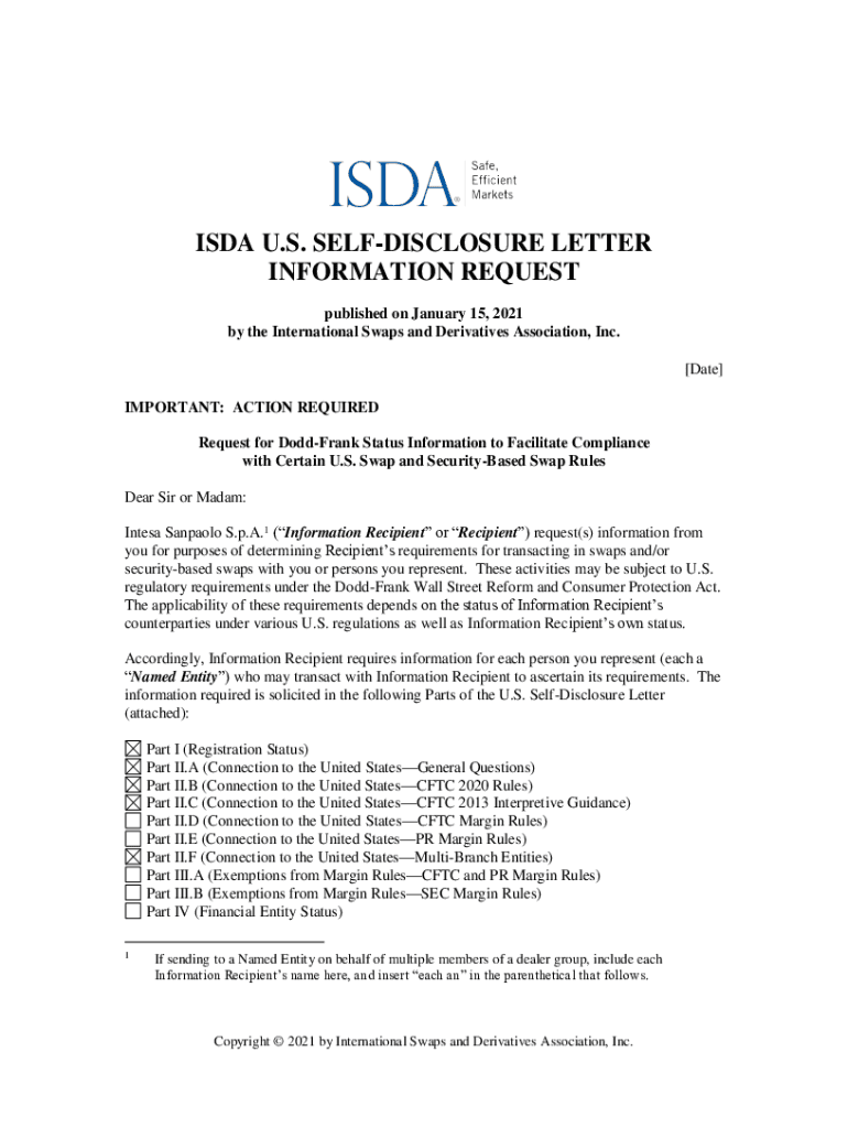 Fillable Online ISDA U.S. SELF-DISCLOSURE LETTER INFORMATION REQUEST ...