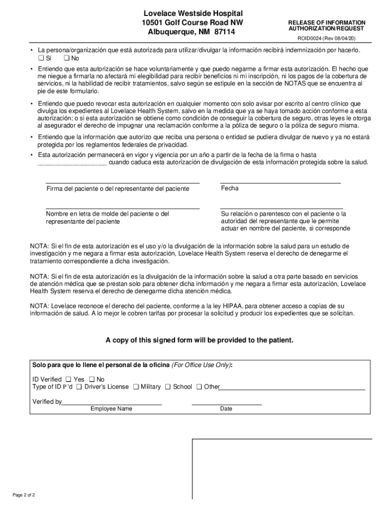 Fillable Online Lovelace Westside Hospital 10501 Golf Course Road NW ...