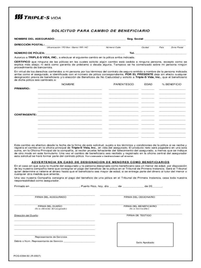 Fillable Online solicitud para cambio de beneficiario - Triple-S Vida ...