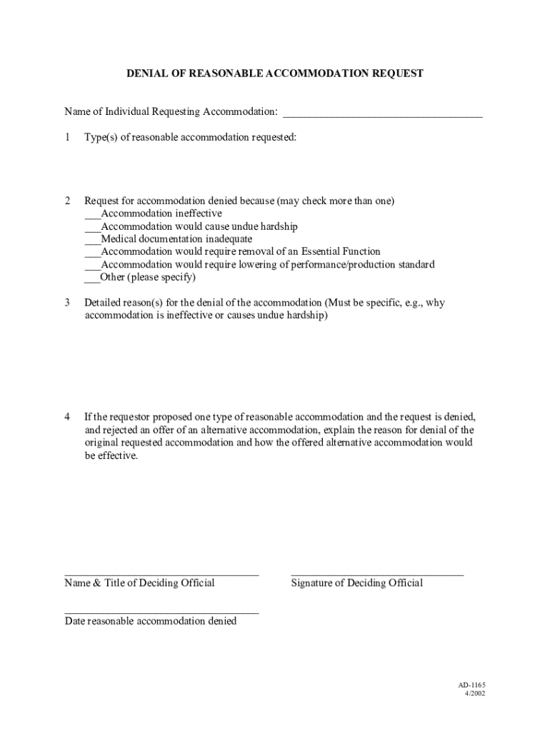 Fillable Online Denial of Reasonable Accommodation Request. Denial of ...