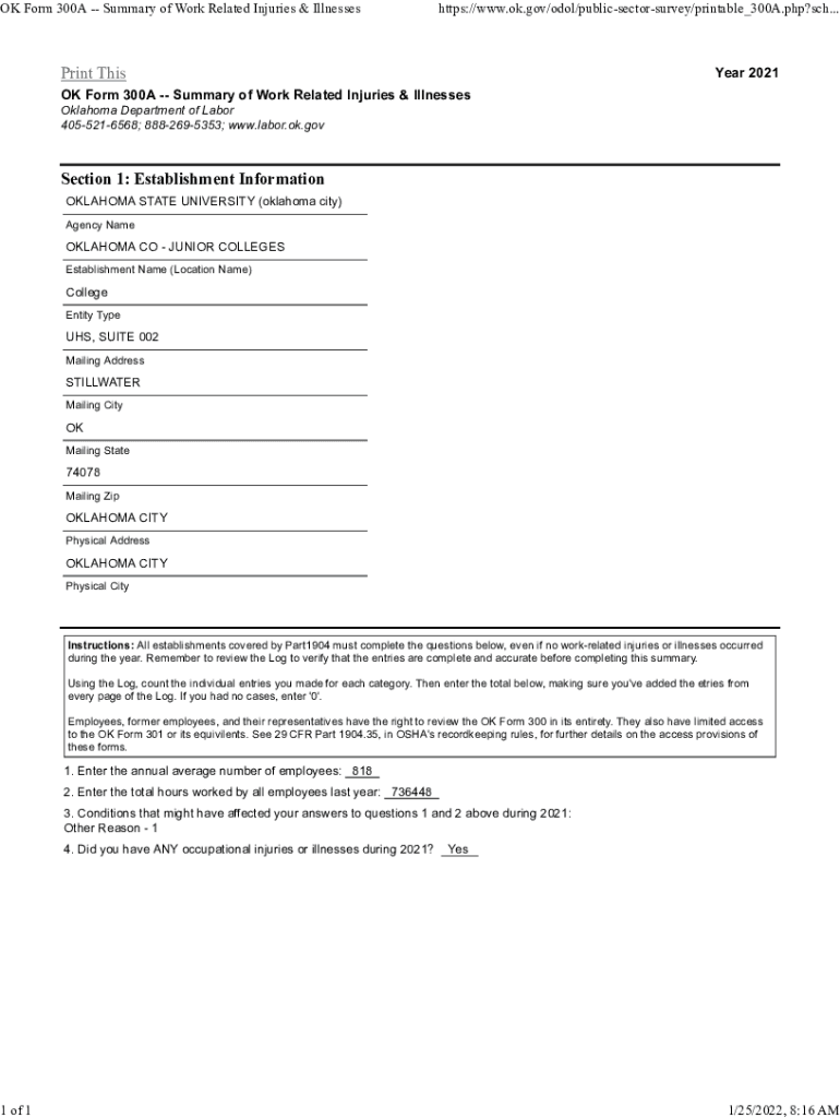 Fillable Online ehs okstate Print This Year 2021 OK Form 300A ...