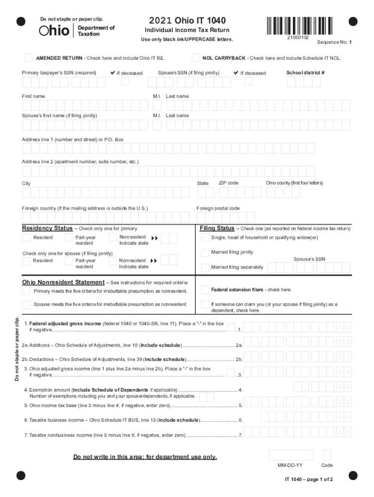 Fillable Online tax ohio 2021 Ohio IT 1040 hio Department of Taxation ...