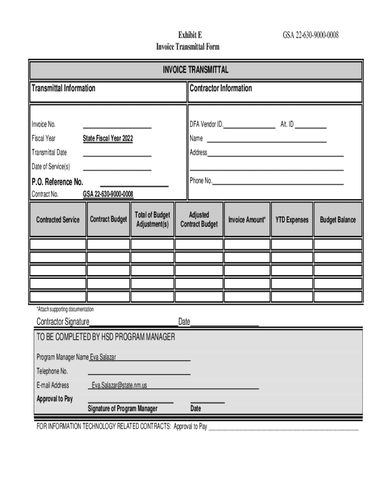 Fillable Online Exhibit E Invoice Transmittal Form - hsd.state.nm.us ...
