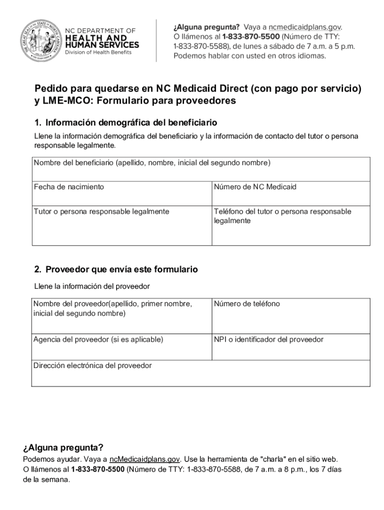 Fillable Online NC Medicaid Managed Care, Formulario de Medicaid Direct ...